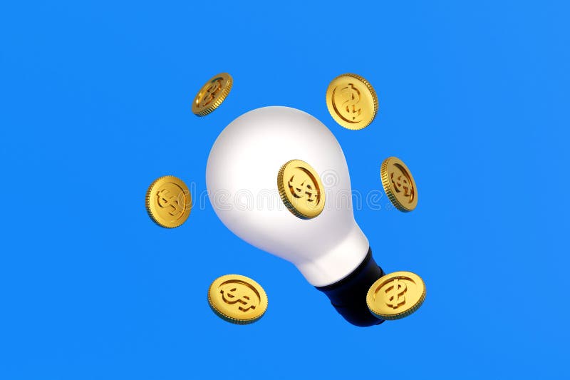 Gold Coin Around Light Bulb, Get Idea To Make Money. 3D Rendering Stock ...