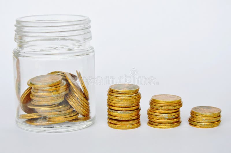 Gold Coin in Glass Bottle on White Background Stock Photo - Image of ...