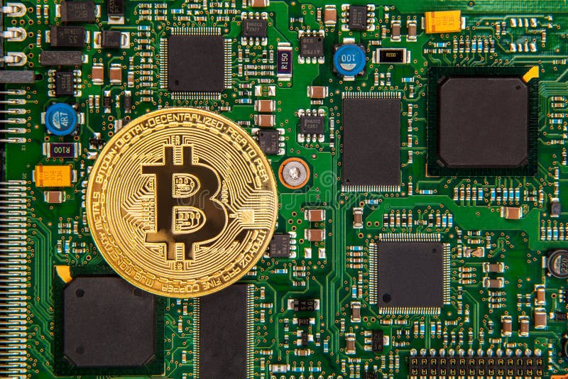 Gold Coin Bitcoin on a Green Board with Microchips Stock Photo - Image ...