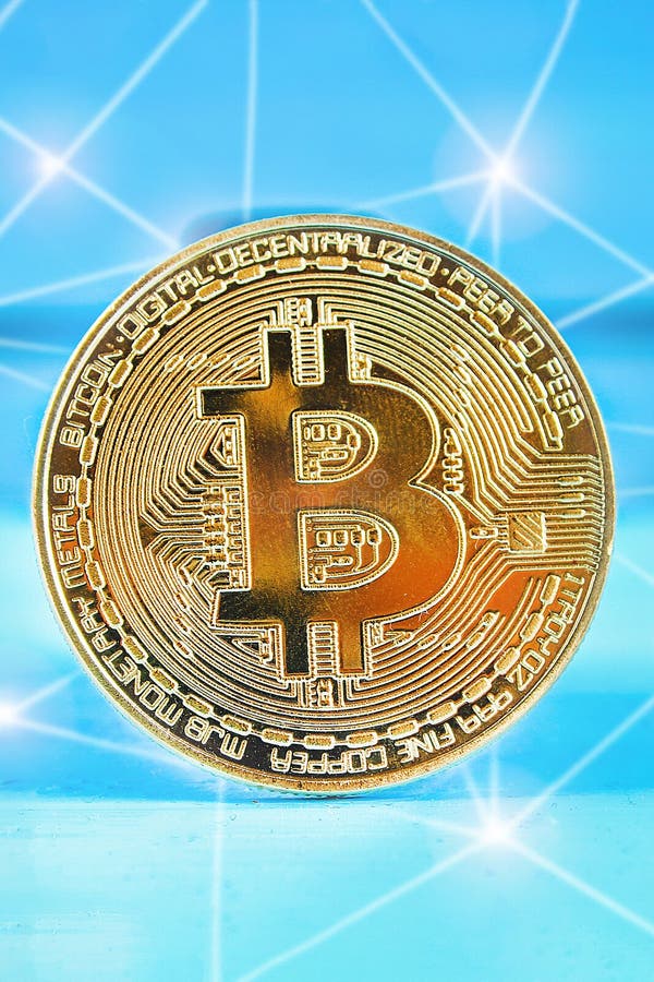 Gold Coin Crypto Currency Bitcoin on Blue Table Stock Image - Image of ...