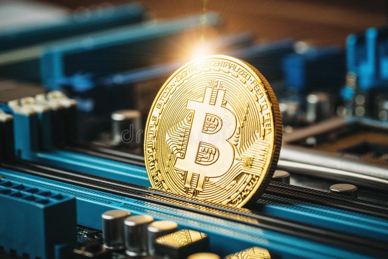 Gold Coin of Crypto Currency Bitcoin on Computer Network Chip Stock ... Gold Coin of Crypto Currency Bitcoin on Computer Network Chip Stock ...