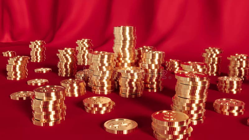 Gold Coin Money Stack on Red Bg 3d Stock Illustration - Illustration of ...