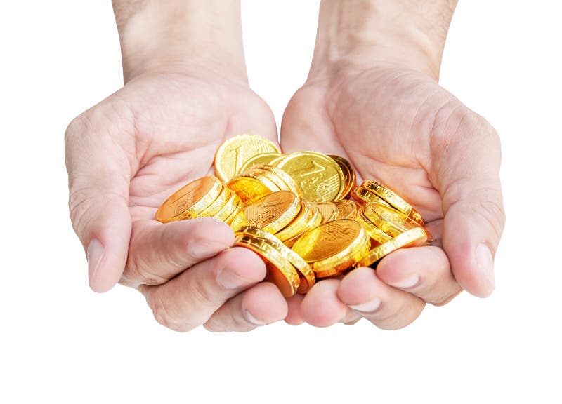 Gold Coin on Palm on White Background with Clipping Path Stock Photo ...