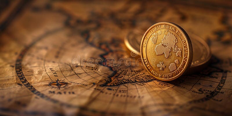 A Gold Coin Rests Atop an Antique Map Stock Image - Image of artifact ...