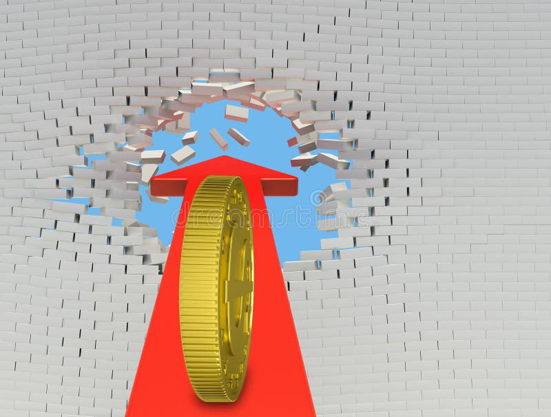 Gold Coin Rolls Along Up Arrow and Brokened Brick Stock Illustration ...