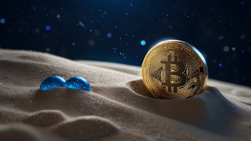 Gold Coin on Sand with Blue Orbs Stock Illustration - Illustration of ...