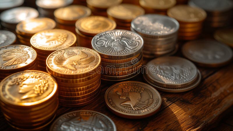 Gold Coin, Silver Coin and Bronze Coin, Neatly Arranged on a Rustic ...