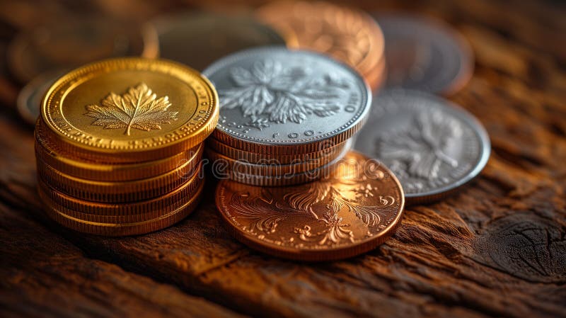 Gold Coin, Silver Coin and Bronze Coin, Neatly Arranged on a Rustic ...