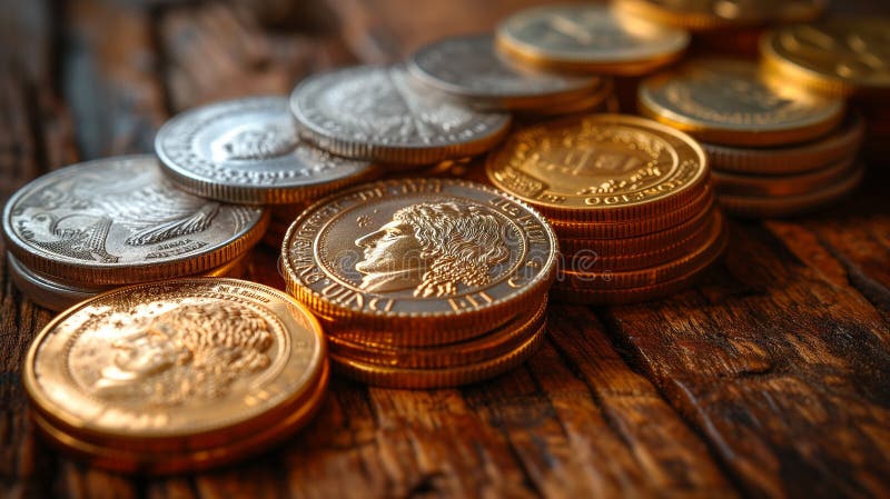 Gold Coin, Silver Coin and Bronze Coin, Neatly Arranged on a Rustic ...