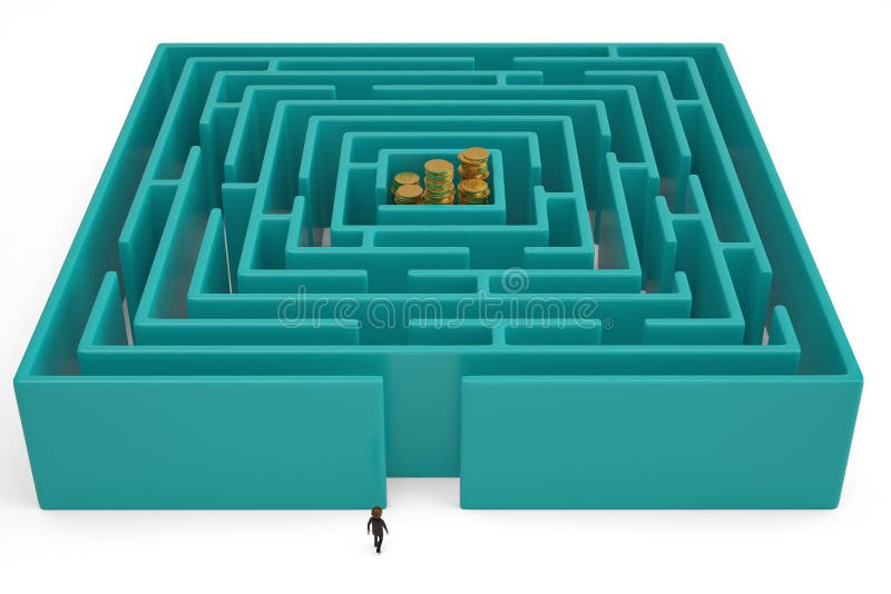 Gold Coin Stacks in Maze Center. 3D Illustration. Stock Illustration ...