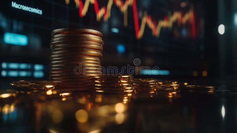 Gold Coin Stacks on a Tablet with Financial Charts. Stock Image - Image ...