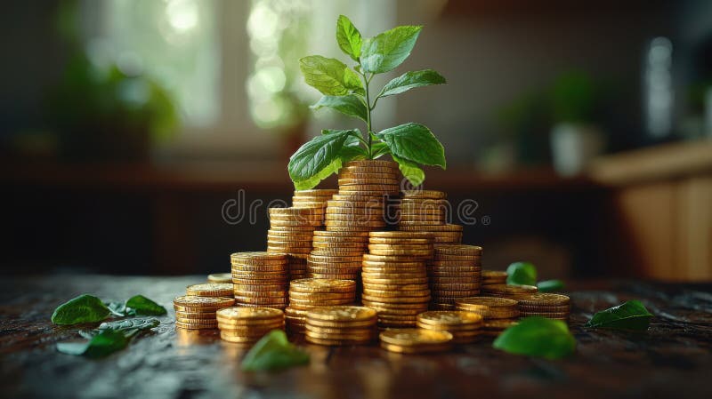 Gold Coins Arranged in Pyramid with Green Leaves, Symbolizing Growth ...