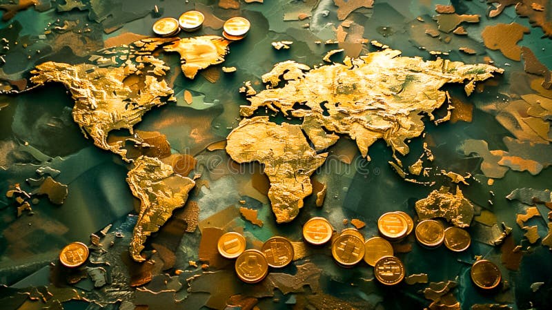 Gold Coins Arranged in the Shape of a World Map (Double Exposure ...
