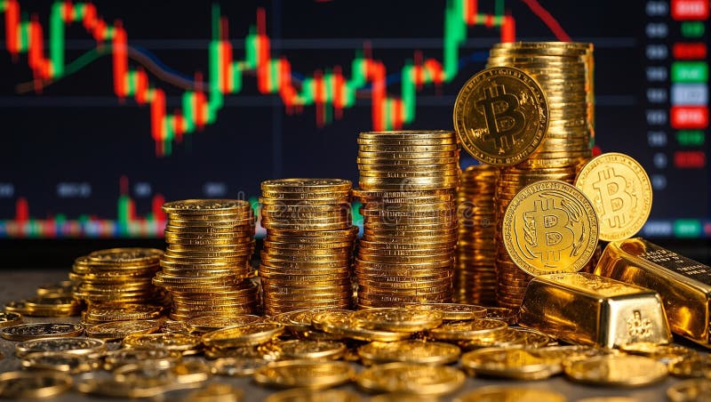 Gold Coins and Bars Stacked with Stock Chart Backdrop Stock ...