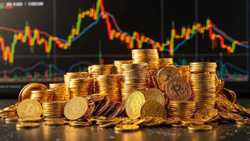 Gold Coins and Bars Stacked with Stock Chart Backdrop Stock ...