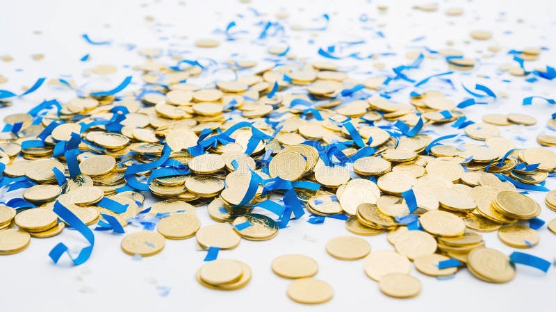 Gold Coins, Blue Confetti, Celebration, White Background, Wealth Stock ...