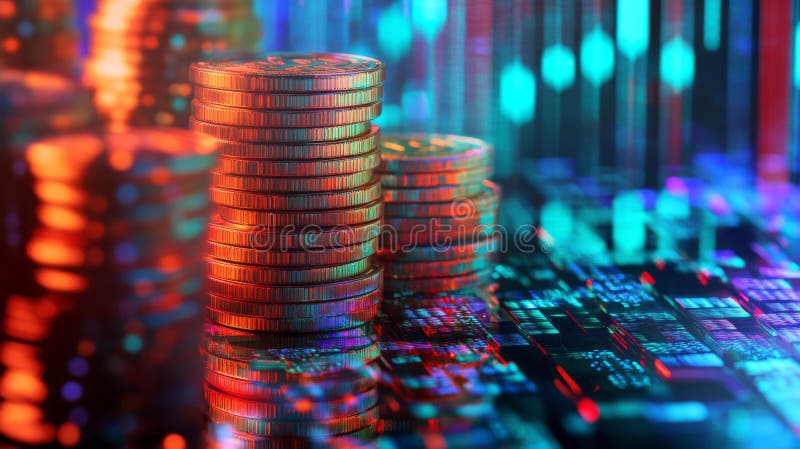Gold Coins on Circuit Board with Colorful Data Background Stock ...