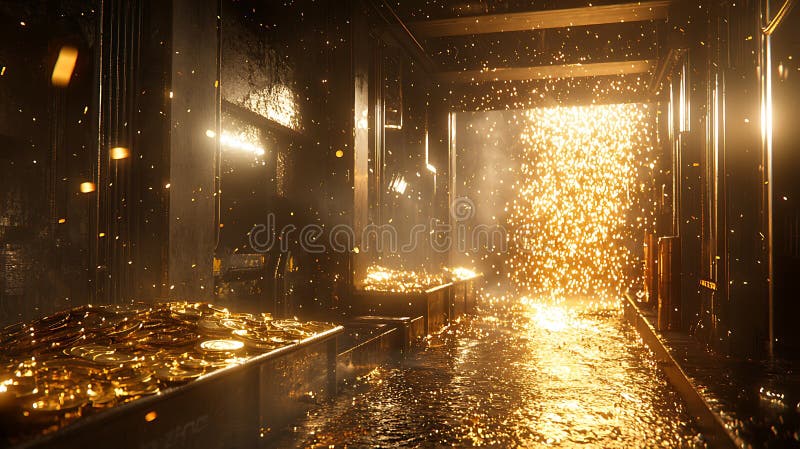 Gold Coins in a Dark Industrial Setting with Sparks Stock Illustration ...