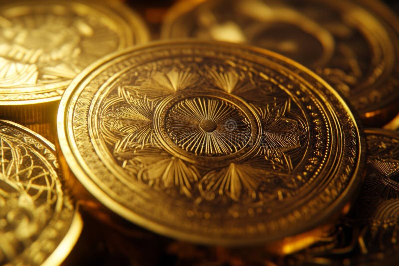 Gold Coins Display Intricate Designs, Glinting Under Soft Light. this ...
