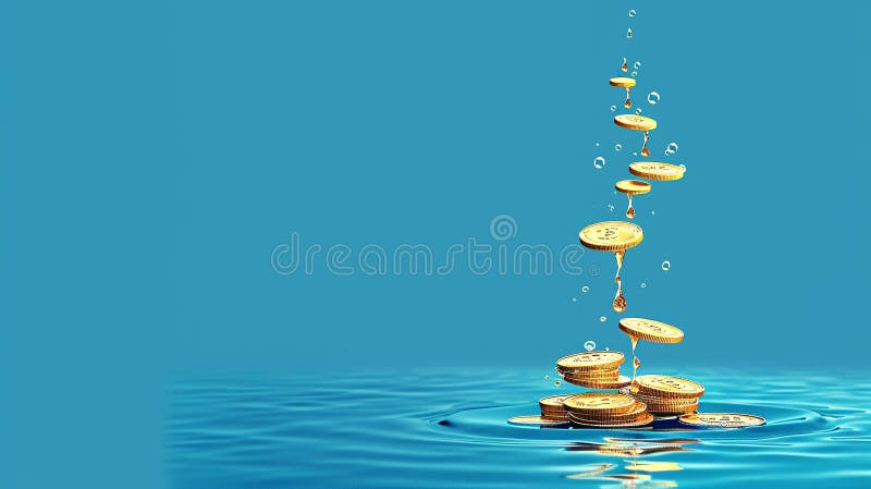 Coins Cascading into Clear Water with Bubbles on a Bright Blue ...