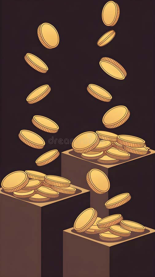 Gold Coins Falling Onto Dark Platforms, Creating Depth and Movement ...