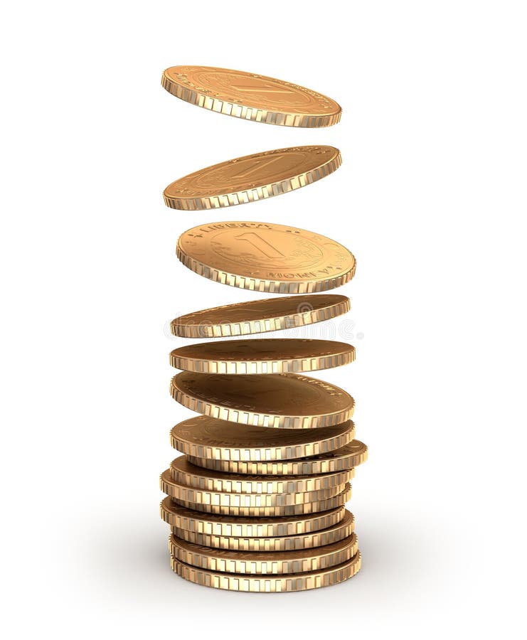Gold Coins Falling in Pile. Isolated on White Stock Illustration ...
