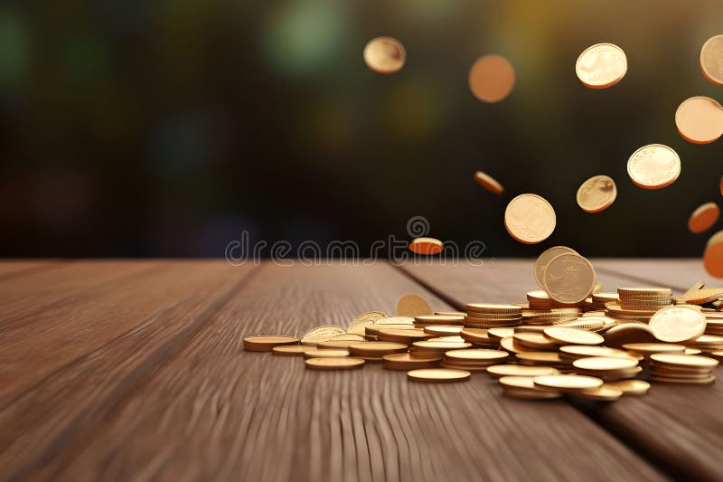 Gold Coins Falling on Wooden Table with Sunlight - Ai Generated Stock ...