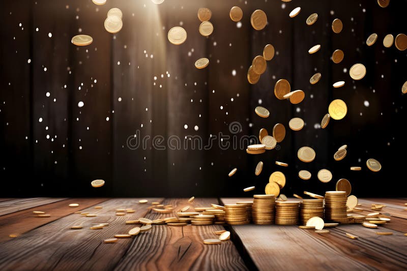 Gold Coins Falling on Wooden Table with Sunlight - Ai Generated Stock ...