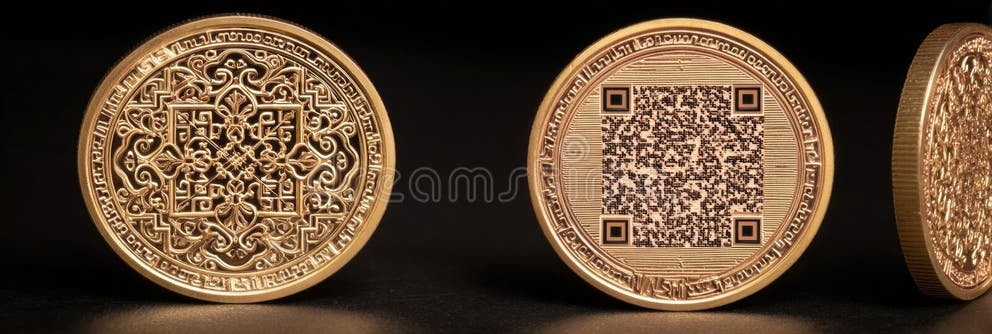 Gold Coins Featuring Intricate Designs and QR Code, Showcasing a Blend ...