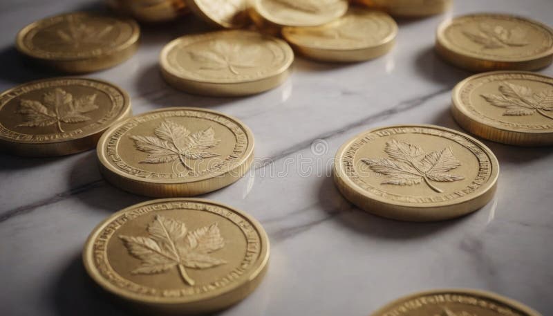 Gold Coins Featuring Maple Leaf Design Scattered on a Marble Surface ...