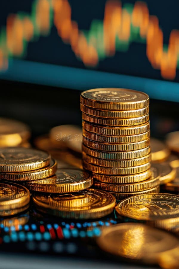 Gold Coins Growth, Stacks of Gold Coins with a Rising Stock Chart in ...