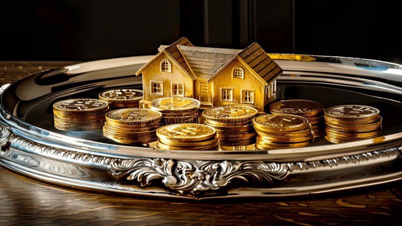 Gold Coins and Miniature House on Silver Tray Concept of Wealth Stock Illustration ...