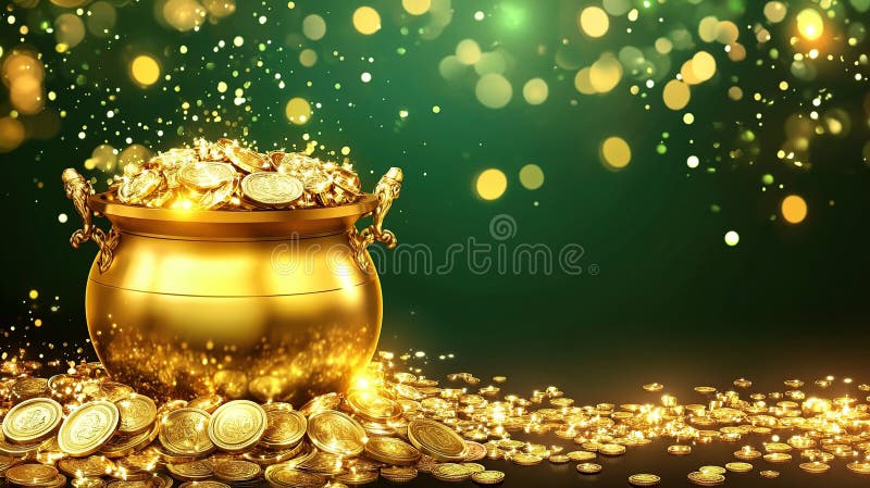 Gold Coins Overflowing Pot, Festive Bokeh, Luck Stock Photo - Image of ...