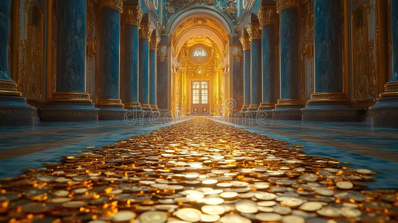 Gold Coins Path in Opulent Hall, Blue Columns, Marble Floor, Sunlight ...