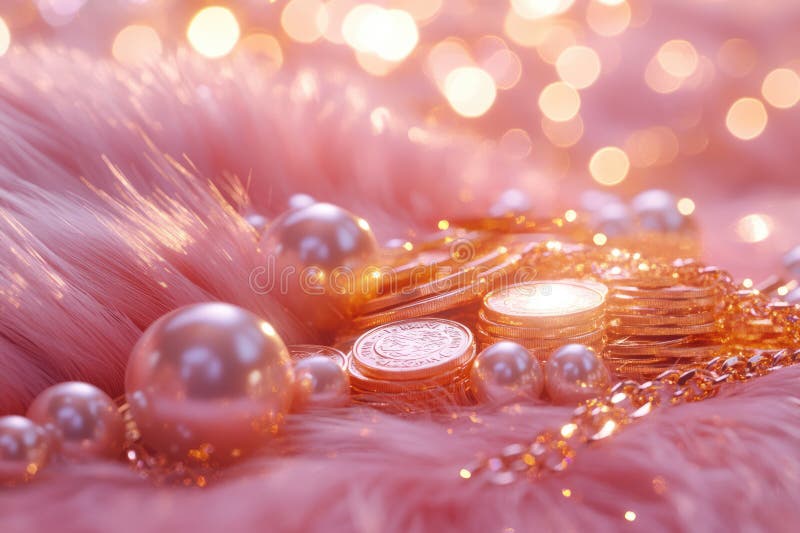 Gold Coins and Pearls on Pink Fur Stock Illustration - Illustration of ...