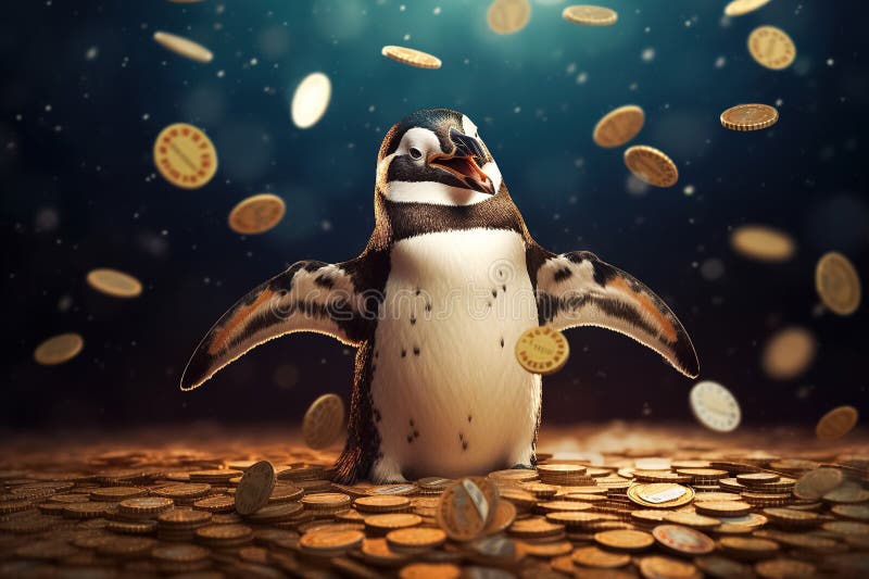 Gold coins and penguin. stock illustration. Illustration of financial ...