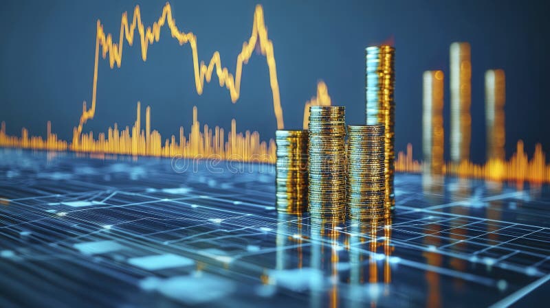 Gold Coins Rise Over Digital Financial Chart Background Stock ...