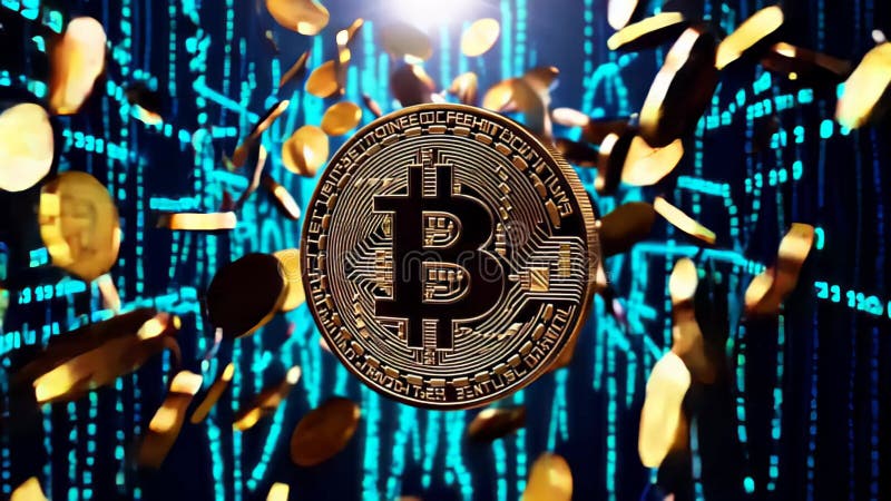 Gold Coins Rotating and Exploding on Digital Background with Blue Data ...