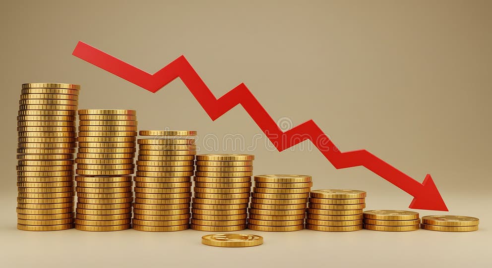 Gold Coins Stack with Red Arrow Showing Financial Decline Stock Illustration - Illustration of ...