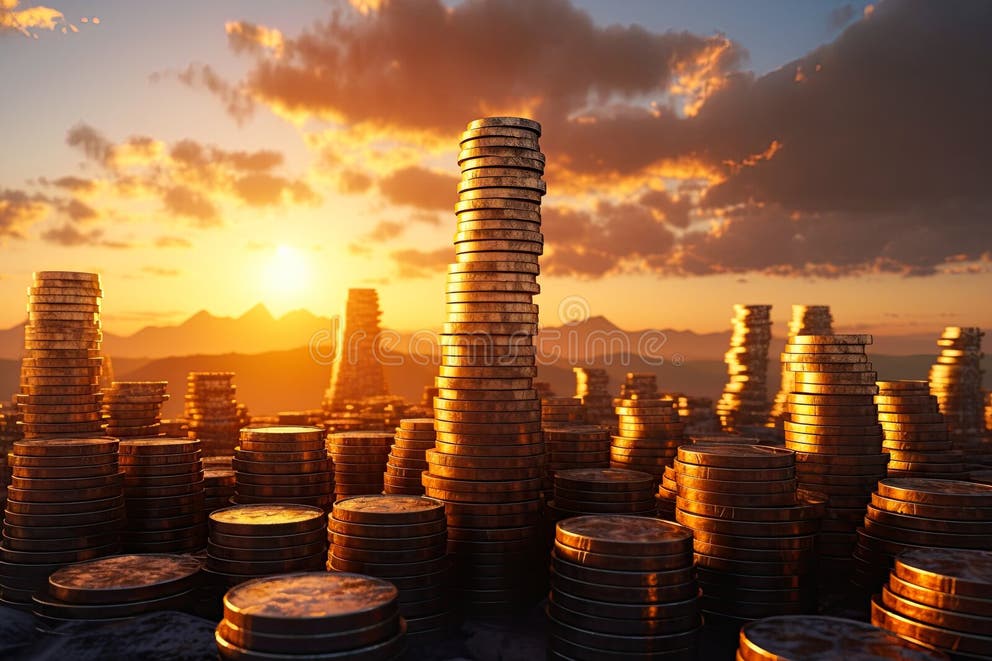 Gold Coins Stack at Sunset. Generative Ai Illustration Stock ...