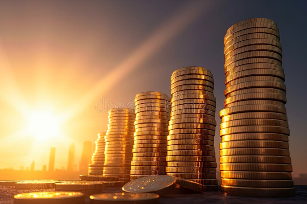 Gold Coins Stack at Sunset. Generative Ai Illustration Stock ...