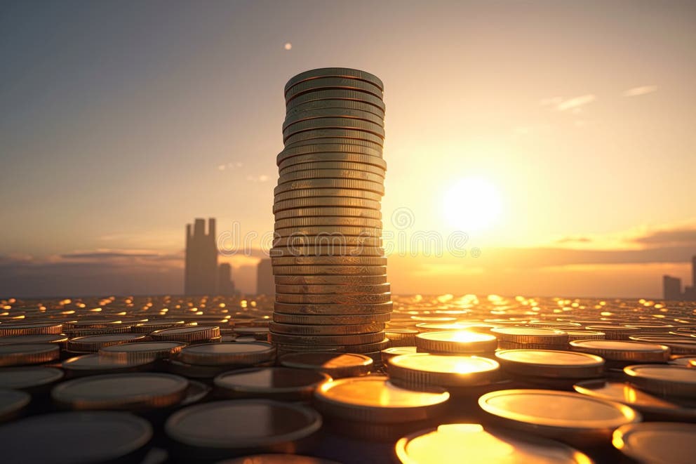 Gold Coins Stack at Sunset. Generative Ai Illustration Stock ...