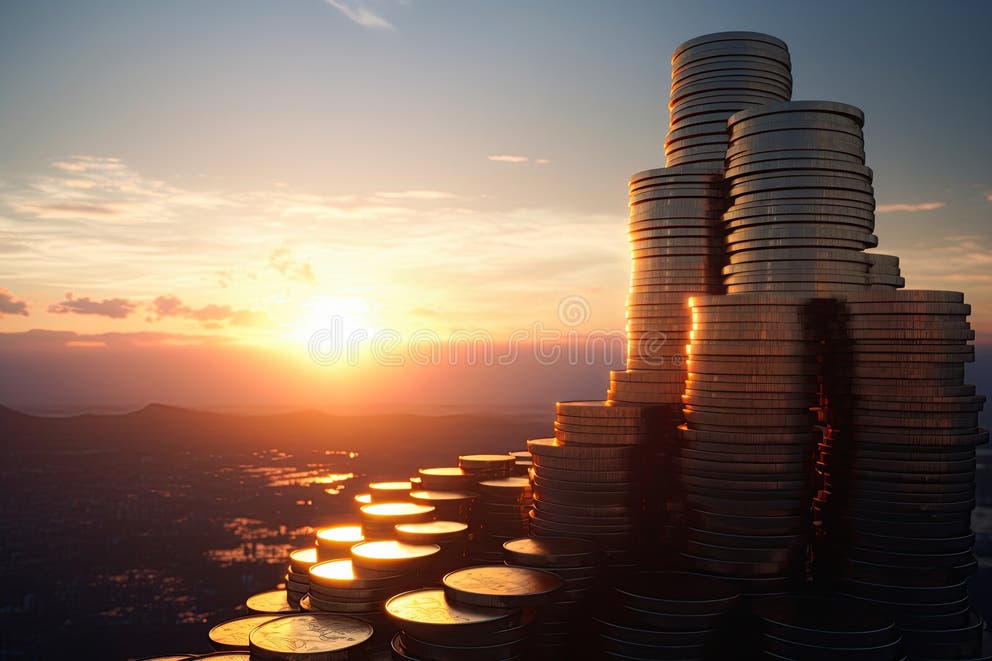 Gold Coins Stack at Sunset. Generative Ai Illustration Stock ...