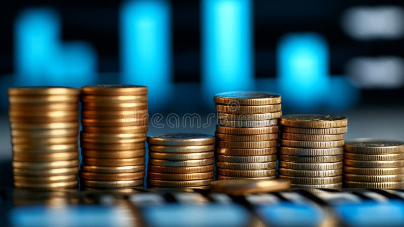 Gold Coins Stacked Against a Blue Financial Chart Stock Illustration ...