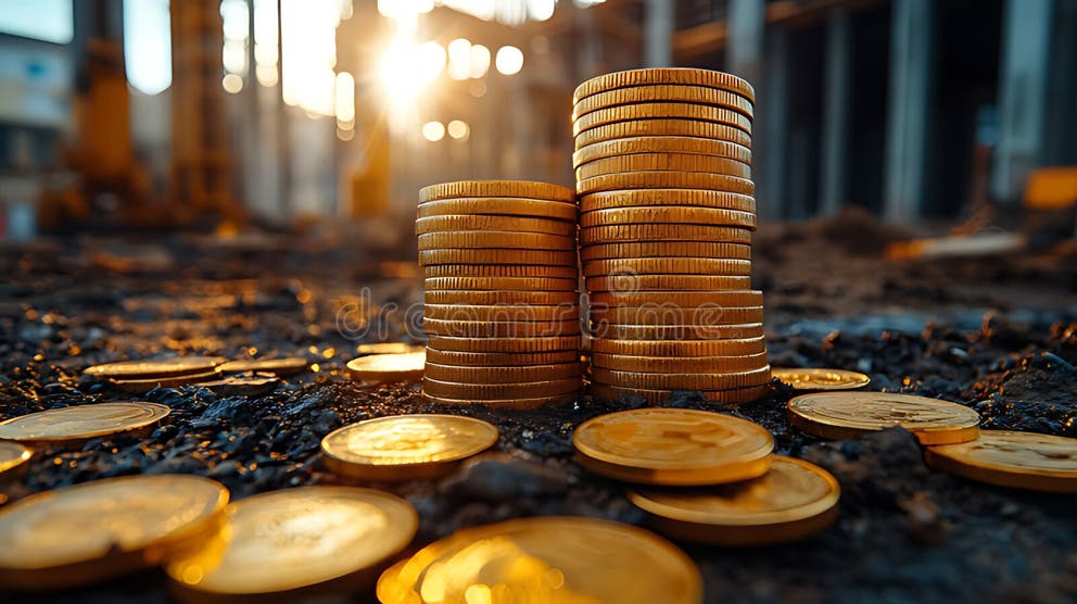 Gold Coins Stacked on Ground at Construction Site Sunset Stock ...