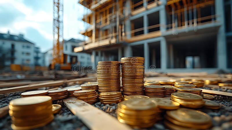 Gold Coins Stacked on the Ground in Front of a Construction Site Stock ...