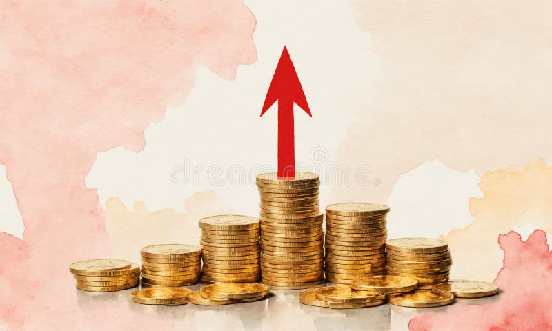 Gold Coins Stacked High with a Red Arrow Pointing Upward Stock ...