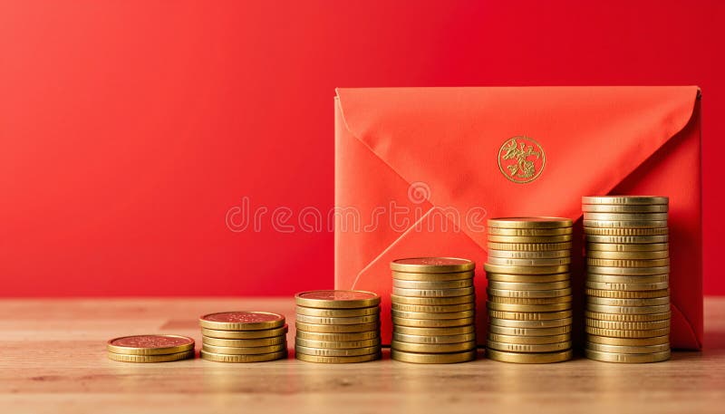 Gold Coins Stacked beside Red Envelope, Symbolizing Prosperity Stock ...