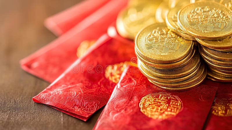 Gold Coins Stacked on Red Envelopes. (1 Stock Illustration ...