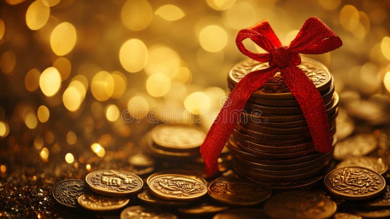 Gold Coins Stacked with Red Ribbon Festive Gift Stock Illustration ...
